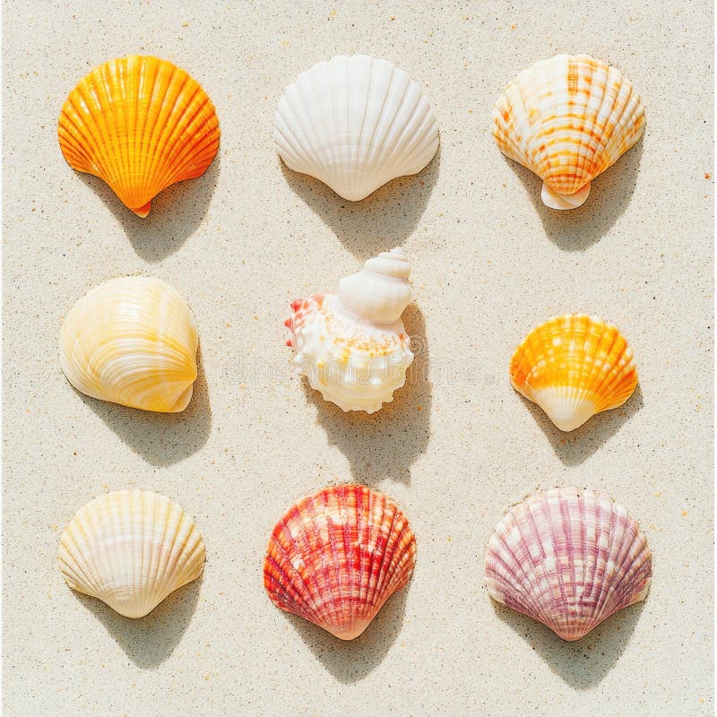 Colorful Seashell Collection on Sandy Beach Background Stock Photo ...
