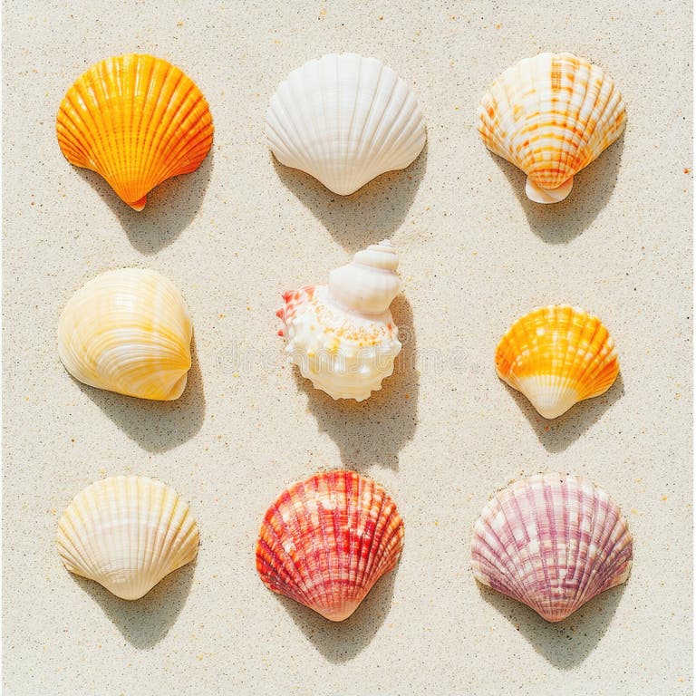 Colorful Seashell Collection on Sandy Beach Background Stock Photo ...