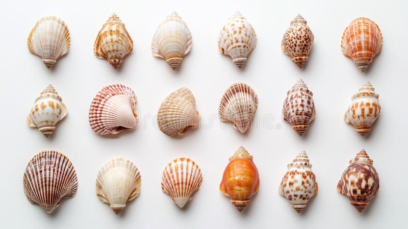Seashell Collection Variety Beige Brown Spiral Shells White Background ...