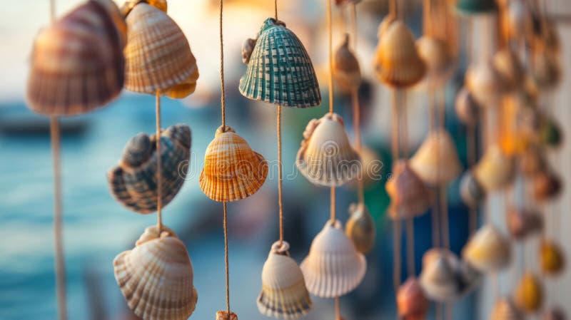 Colorful Seashell Mobile Hanging Against Blurred Ocean Background Stock ...