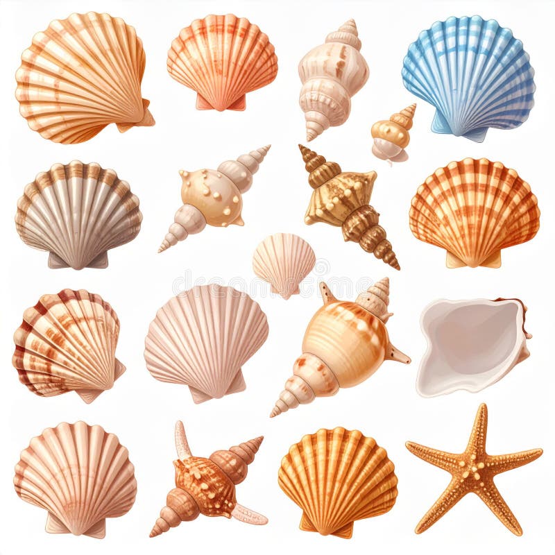 Colorful Seashell and Starfish Collection on White Background Stock ...