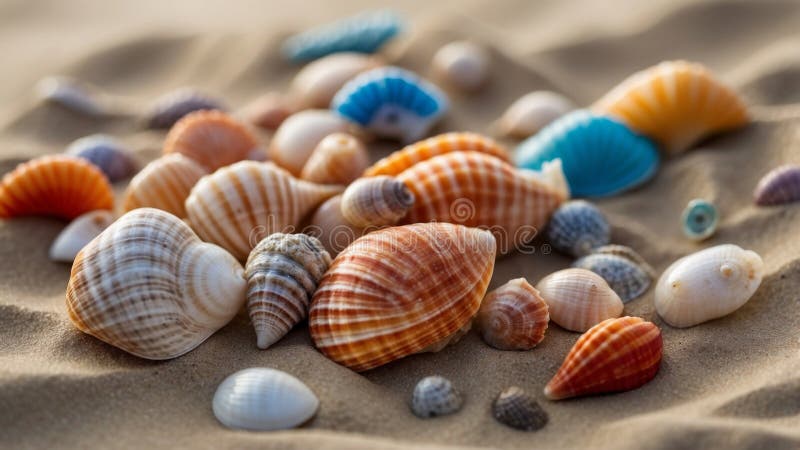 Colorful Seashell Variety on Sandy Ocean Beach. Stock Illustration ...