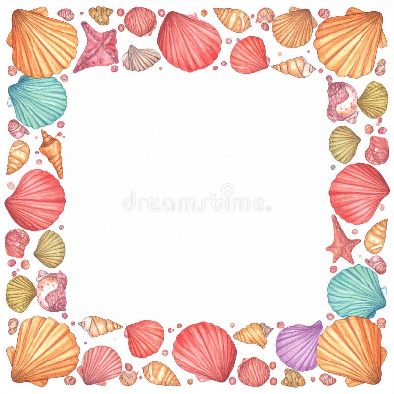 Colorful Seashell Watercolor Frame Border Stock Illustration ...