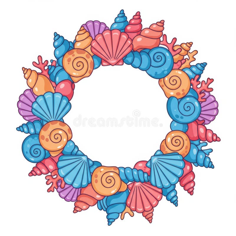 Colorful Seashell Wreath Frame, Pastel Beach Summer Decor Stock ...