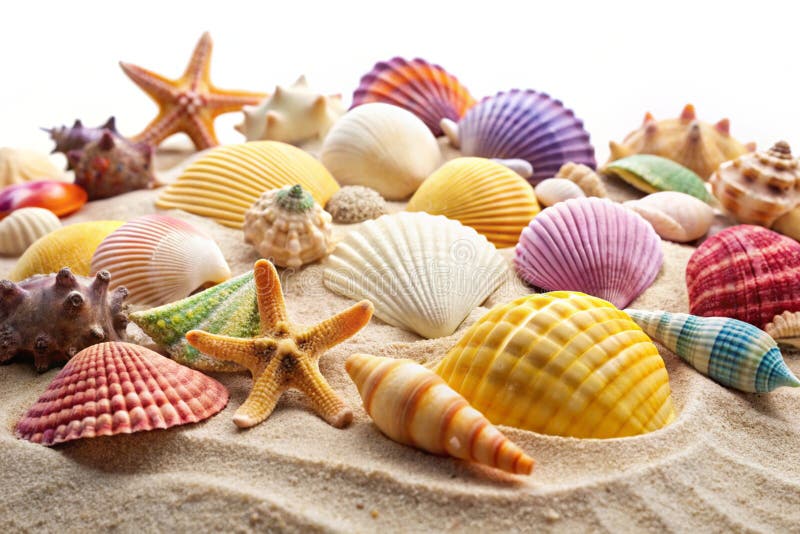 Colorful Seashells on Beach Sand with Tropical Vibes Stock Illustration ...