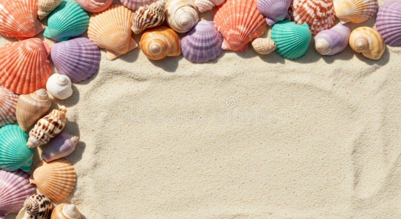Colorful Seashells Border on Sandy Beach Background Stock Illustration ...