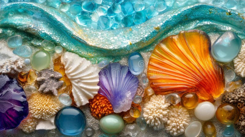 Colorful Seashells and Glass Beach Art Stock Illustration ...