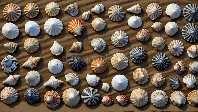 Collection of Colorful Seashells on Rippled Sand Pattern Stock ...
