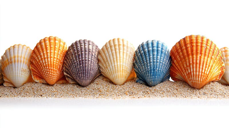Colorful Seashells in a Row on Sand Against a White Background Stock ...