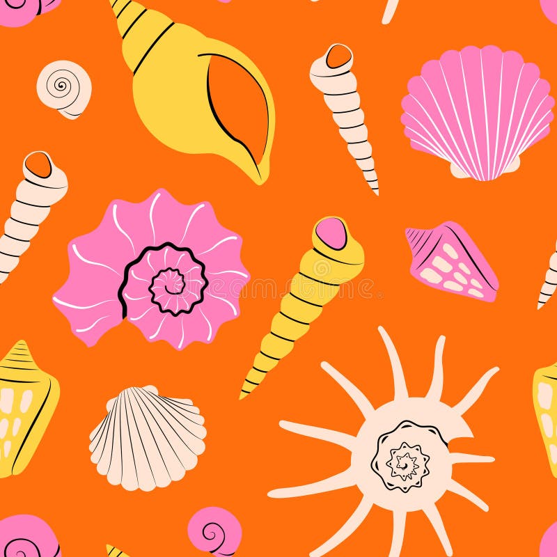 Colorful Seashells Seamless Pattern on Orange Background in Modern Flat ...