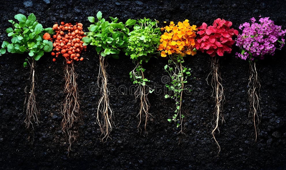 Colorful Seedlings Roots in Dark Soil Stock Illustration - Illustration ...