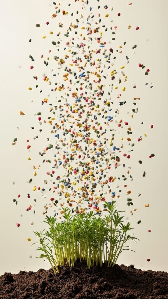 Colorful Seeds Falling on Young Sprouts Emerging from Soil Stock Image ...