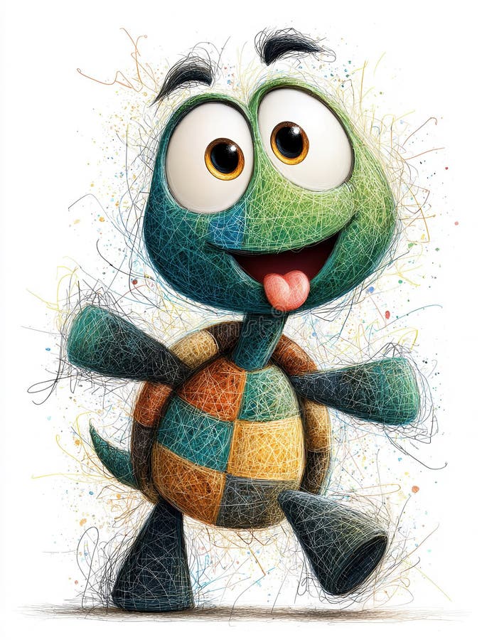A Colorful, Segmented Cartoon Turtle with Crossed Eyes, Moving Forward ...