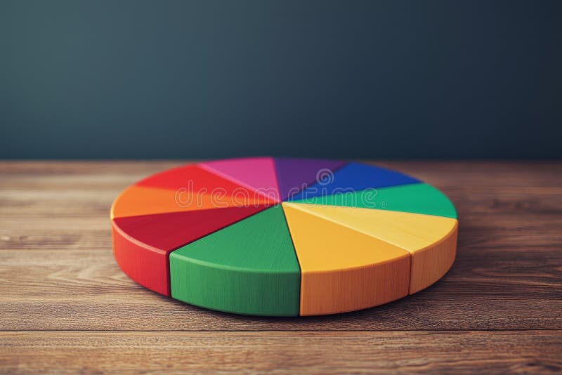 Colorful Segmented Pie Chart on a Wooden Table with a Dark Background ...