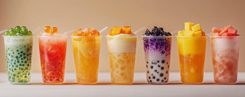 Colorful Selection of Bubble Tea Cups Featuring Various Toppings and ...