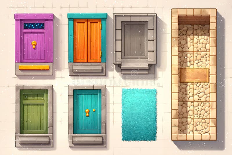 Colorful Selection of Decorative Doors and a Stone Path on a Textured ...