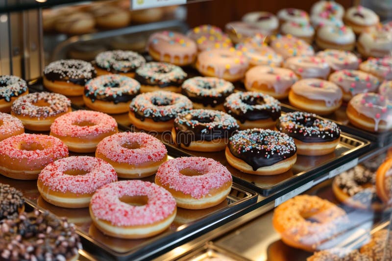 Assorted Donuts Display in Bakery Showcase Stock Photo - Image of ...