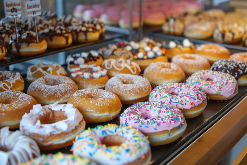 Assorted Fresh Donuts on Display at Bakery Stock Image - Image of ...