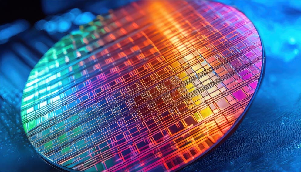 A Colorful Semiconductor Wafer Reflecting Rainbow Light in a High-tech ...