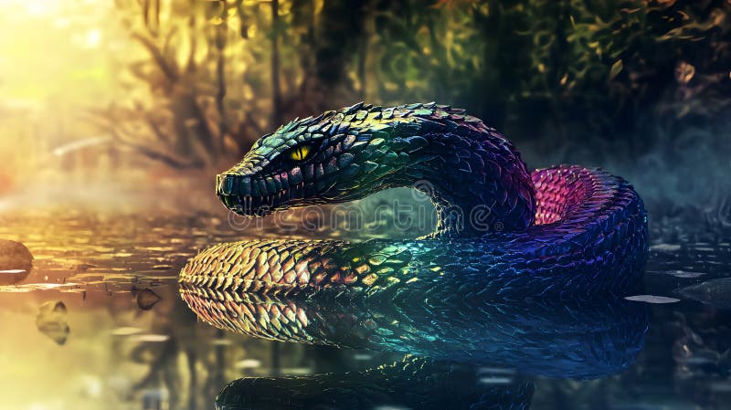 Colorful Serpent Emerging from Water in Enchanted Forest Setting AI ...