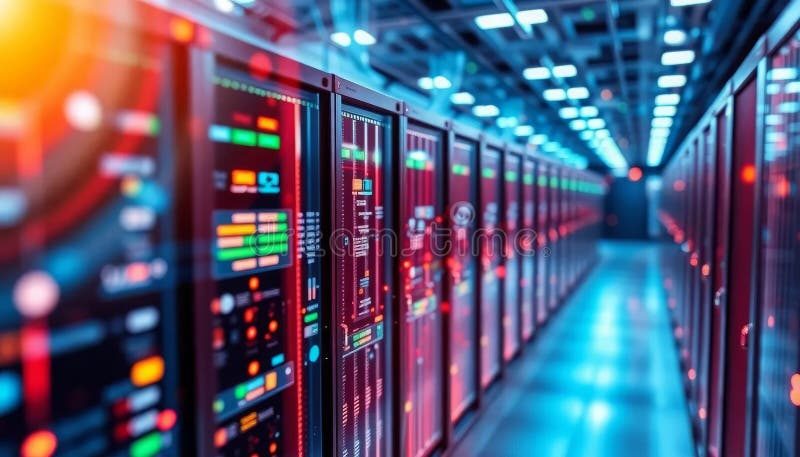 Colorful Server Room Corridor with High-tech Equipment and Digital ...