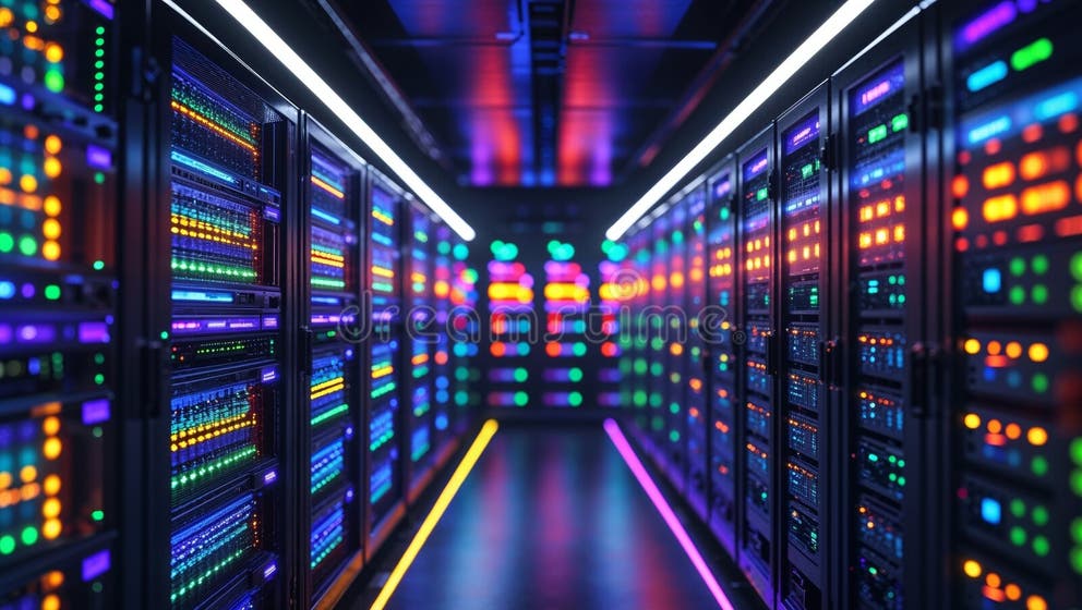Colorful Server Room with Digital Upgrade Visuals. Stock Image - Image ...