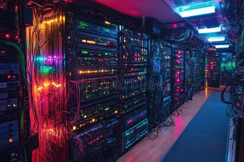 Colorful Server Room Filled with Networking Equipment and Illuminated ...