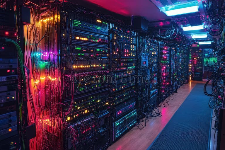 Colorful Server Room Filled with Networking Equipment and Illuminated ...