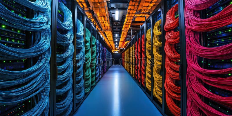 Colorful Server Room Organized Cables High Tech Data Storage Systems ...