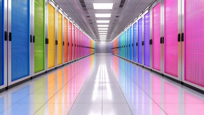 Colorful Server Room with Reflective Floor and Data Storage System ...