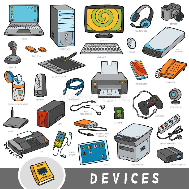 Colorful Set of Computer Devices. Visual Dictionary for Kids about Home ...