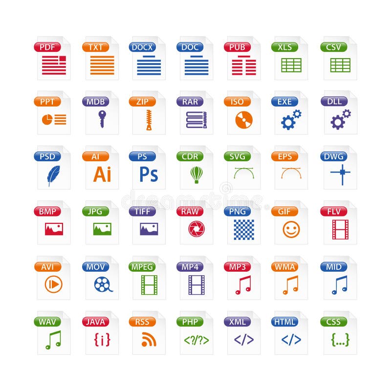 Colorful Set of File Type Icons. File Format Icon Set in Color Stock ... Colorful Set of File Type Icons. File Format Icon Set in Color Stock ...