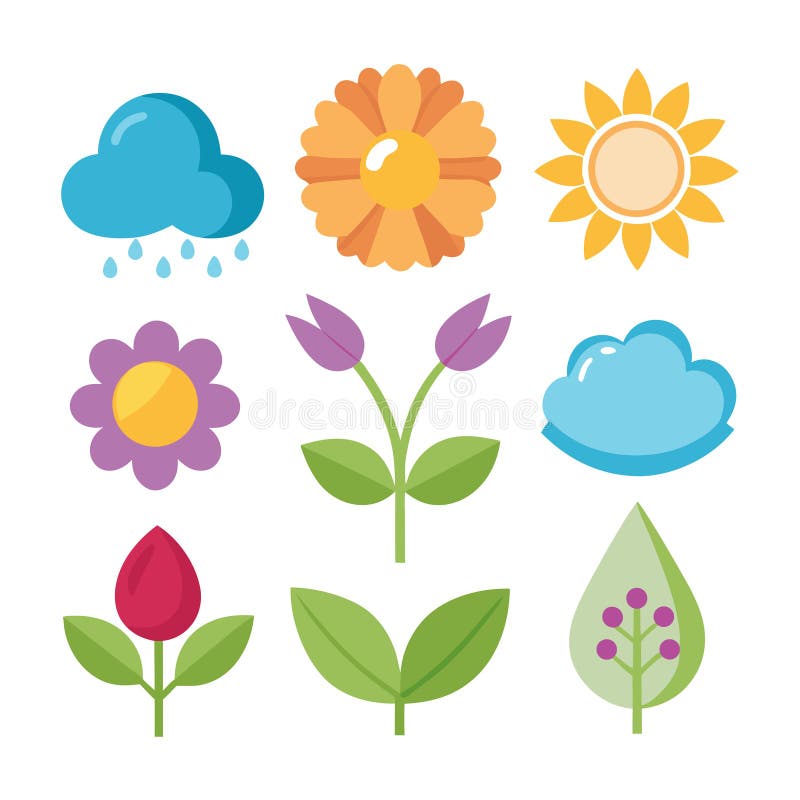 Colorful Set of Spring Icons with Cloud, Rain, Flowers, and Sunshine Stock Vector - Illustration ...