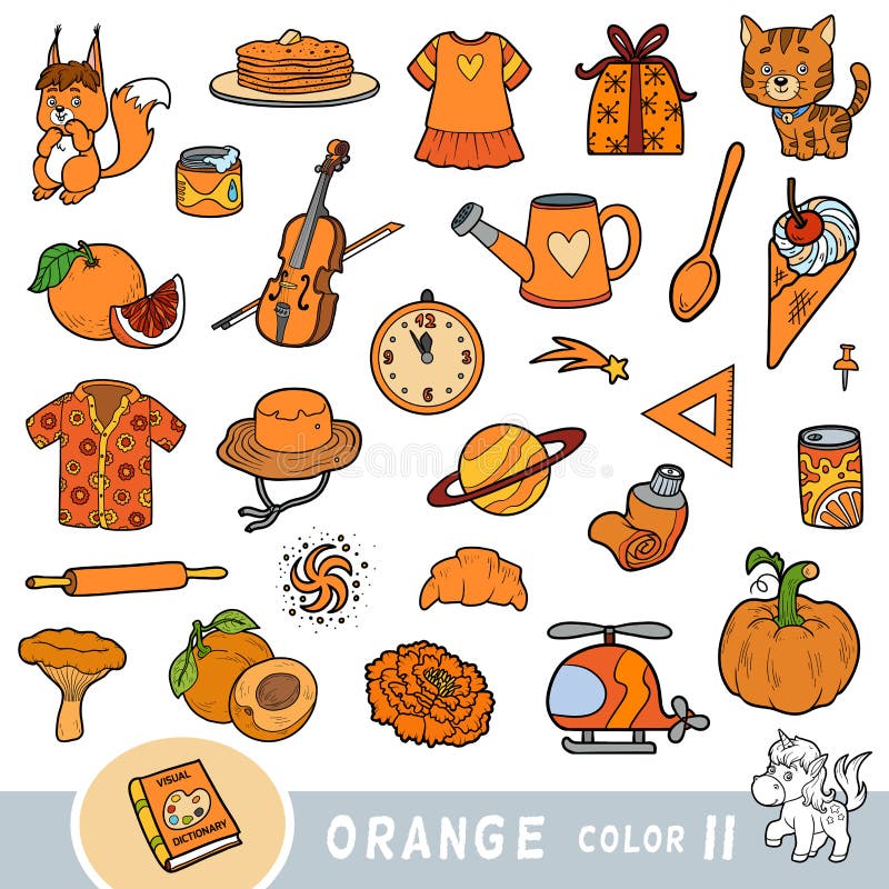 Colorful Set of Orange Color Objects. Visual Dictionary for Children ...
