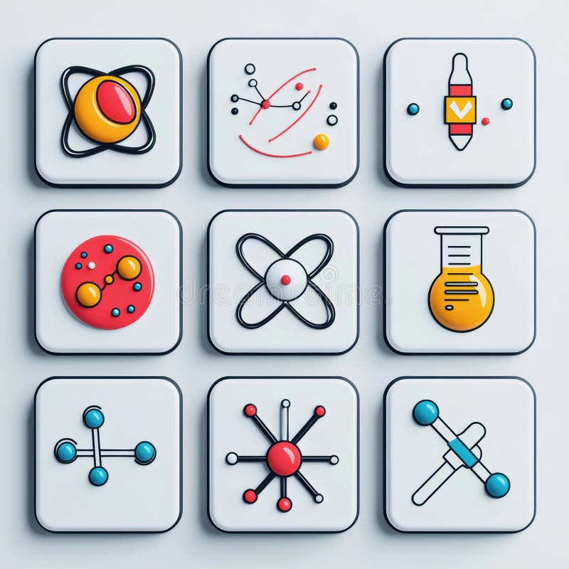 A Colorful Set of Quantum Physics and Mechanics Icons on a Bright White ...