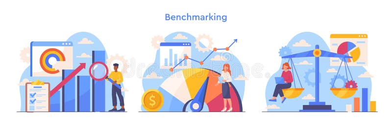Colorful Set with Scenes of Benchmarking Process on White Background ...