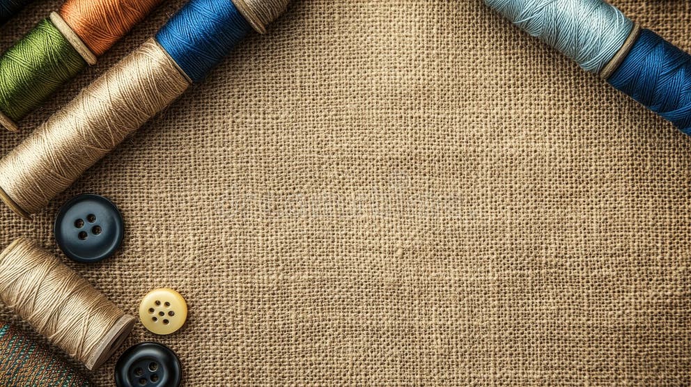 Colorful Sewing Thread Spools Arranged on Rustic Burlap Texture with ...