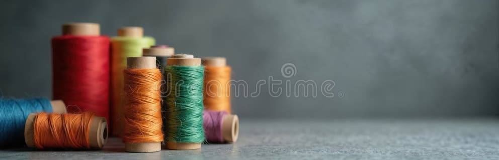 Colorful Sewing Thread Spools on Grey Background. Collection of Various ...