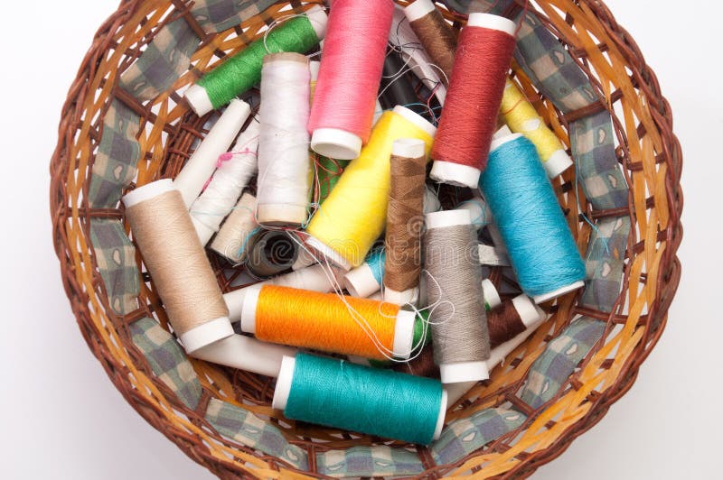 Colorful Sewing Thread in a Wicker Basket Stock Photo - Image of ...