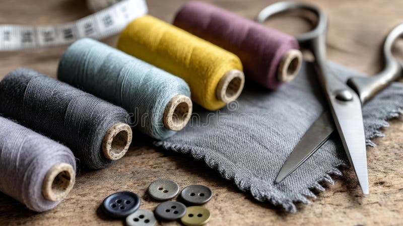 Colorful Sewing Threads, Scissors, Buttons, and Fabric on Wooden Table ...
