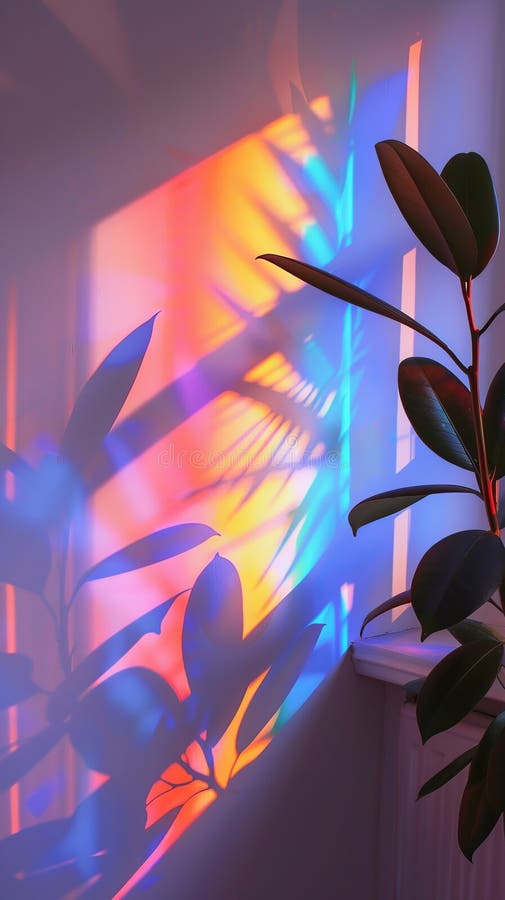 Colorful Shadows of Leaves on a Wall with Vibrant Lights Stock Image ...