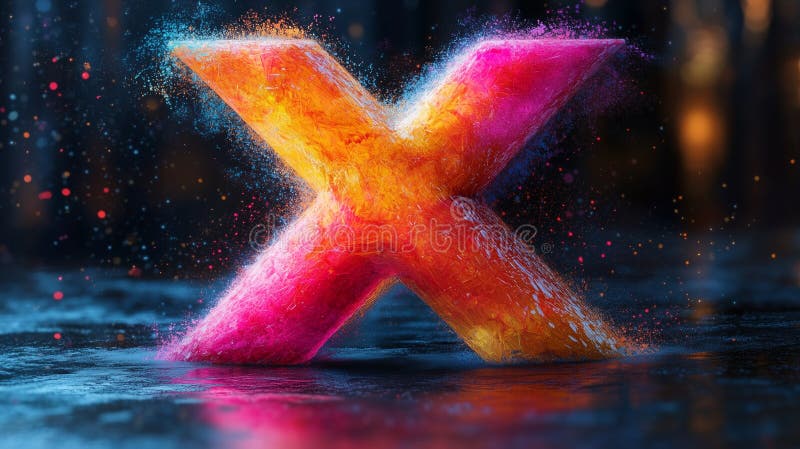 A Vibrant Letter X with Colorful Particles on a Reflective Surface ...