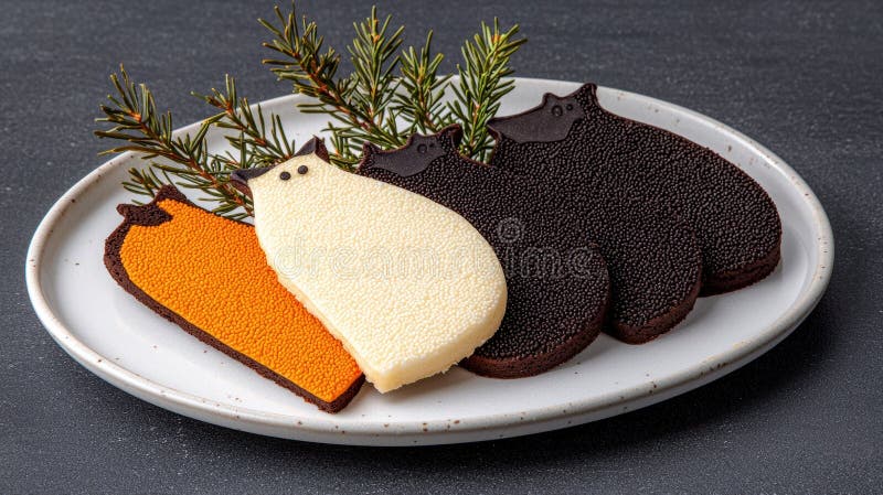 Colorful Shaped Cookies with a Garnish of Evergreen on a Plate Stock ...