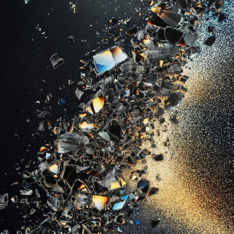 Colorful Shattered Glass on Black Surface with Light Reflections Stock ...