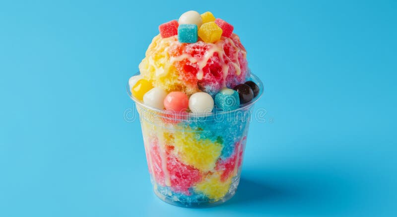 Colorful Shaved Ice with Candy Toppings in a Plastic Cup Stock ...