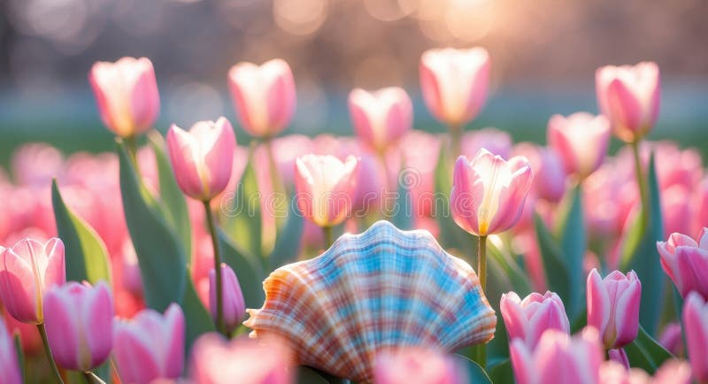 Colorful Shell Resting among Vibrant Tulips in a Spring Garden Setting ...