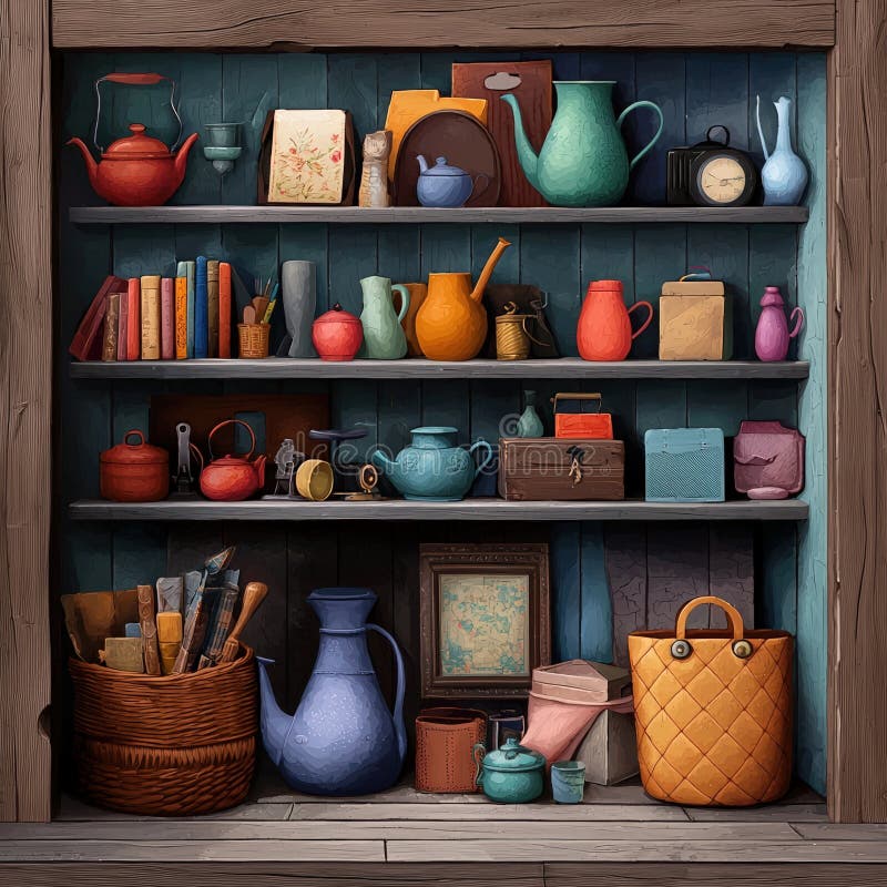 Colorful Shelves Filled with Various Items Stock Illustration ...