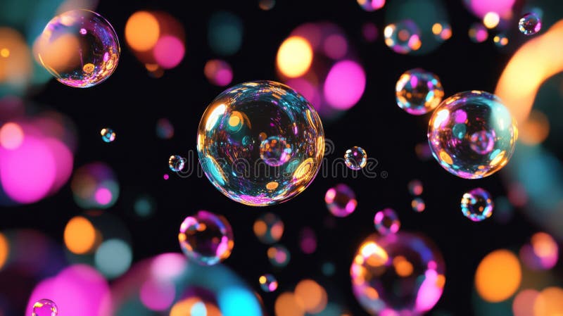 Colorful Shiny Bubbles Floating in Dark Space with Bokeh Lights Stock ...