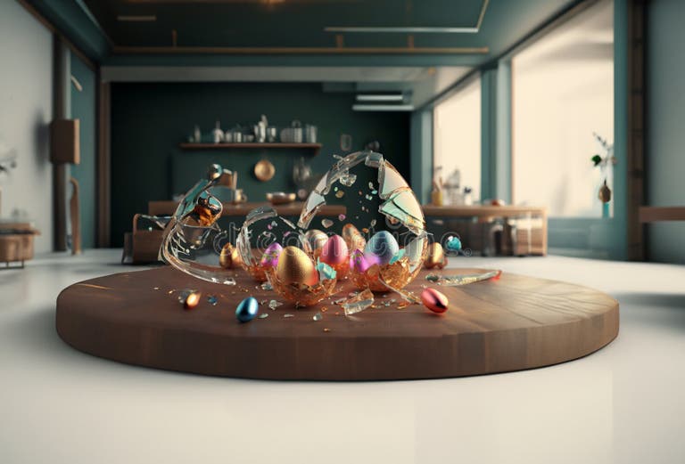 Colorful Shiny Easter Eggs in Broken Glass Egg on Kitchen Table. Creative Easter Composition ...