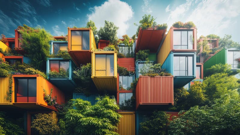Colorful Shipping Container Building with Lush Greenery Stock ...